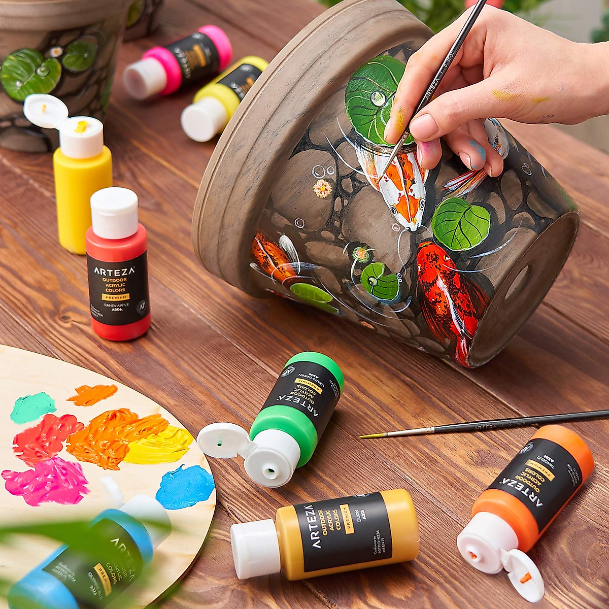ARTEZA Outdoor Acrylic Paint Set, 20 Colors, 2 ounce Bottles, Multi-Surface Paints for Rock, Wood, Fabric, Leather, Paper, Canvas and Wall Painting