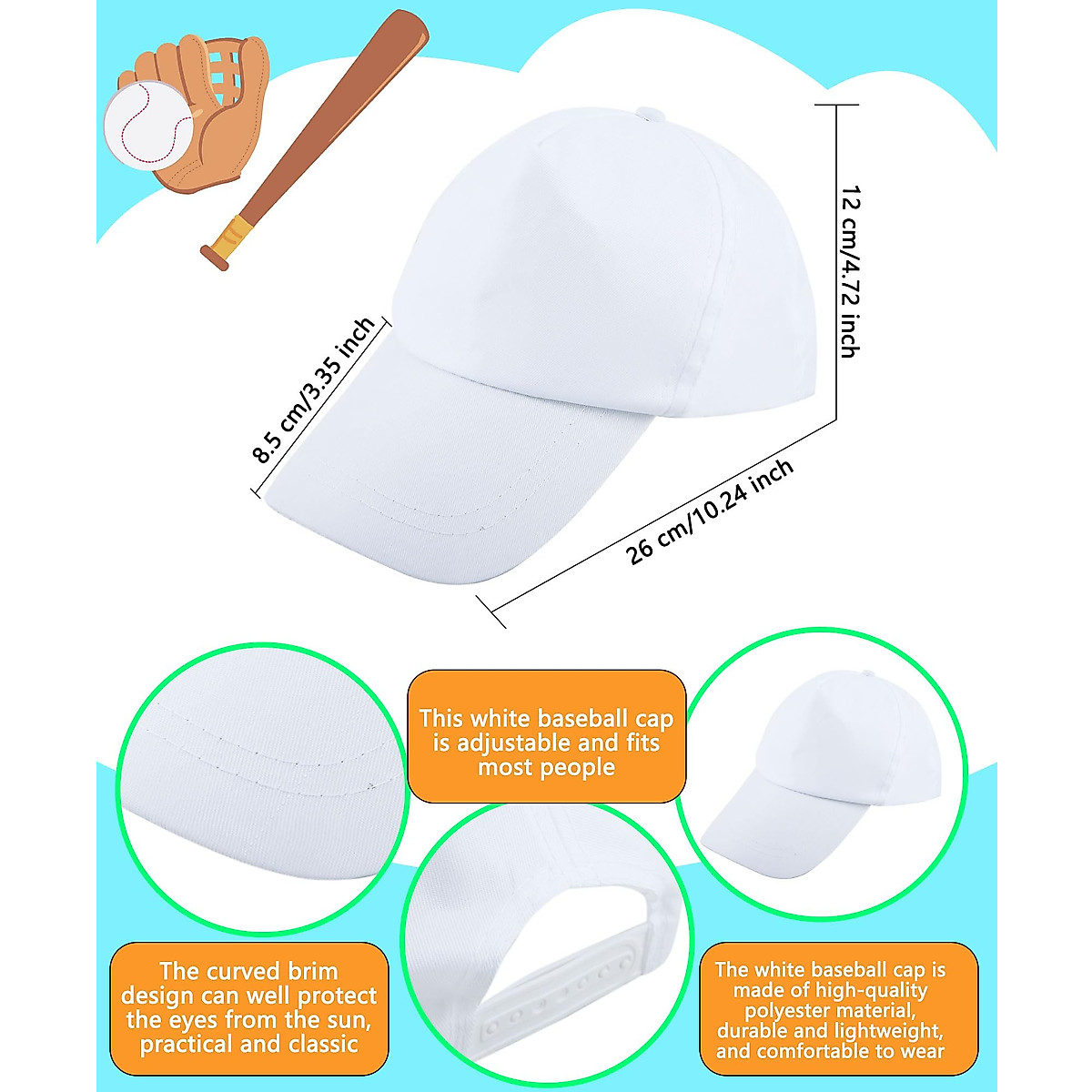 SGBETTER 40 Pcs White Baseball Hats DIY Painting Baseball Caps Adjustable Plain Blank Cap for Adult Kids Outdoor Sports Running Camp