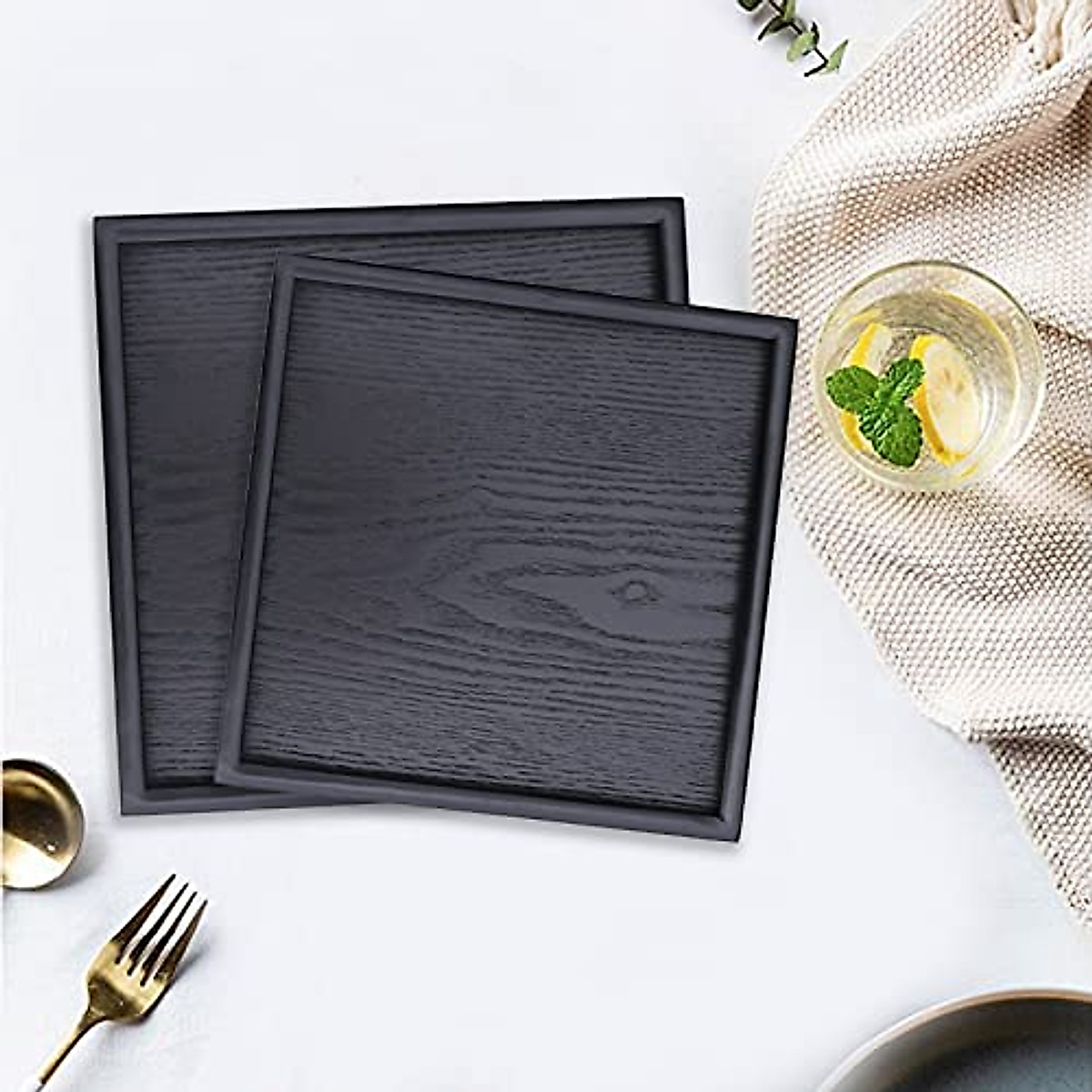 Solid Wood Serving Tray, Square Non-Slip Tea Coffee Snack Plate, Serving Tray with Raised Edges, for Home Kitchen Restaurant(11.8x11.8 inch, Black)