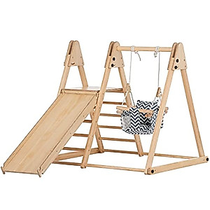 Avenlur 4-in-1 Juniper Indoor Play Gym - Jungle Gym Playset with Baby Swing, Slide, Ladder, and Climbing Wall - Foldable Wooden Playset - Indoor Jungle Gym for Kids Ages 18mo to 6yrs