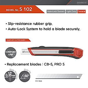 Pack of 10, DORCO Professional Quality Utility Box Cutter Knife S102 - Auto-Lock Safety System, Ergonomic, Retractable, Built-In Snap-Off Tool, Replaceable Carbon Steel Blade, 60° Tip - 9mm