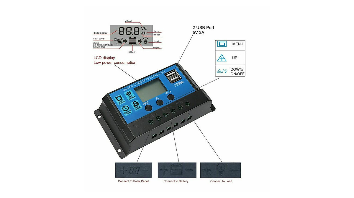 100A Solar Charge Controller 12V/24V PWM with LCD Display