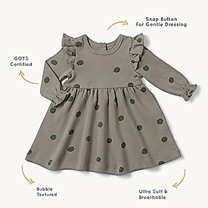 MakeMake Organics GOTS Organic Cotton Dress Girls Twirly Ruffle Dress Long Sleeve Fall Party Holiday Dinner Toddler Girls (Olive Dots, 2-3T)
