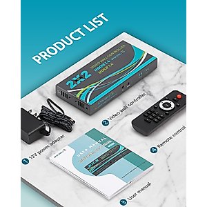 Spolehli 4K UHD Video Wall Controller 2x2, Video Wall Processor with 8 Splicing Modes Display @60hz, 180 Degree Rotate, Multi-Screen Splicing TV Wall Controller 1x2, 1x3, 1x4, 2x1, 3x1, 4x1