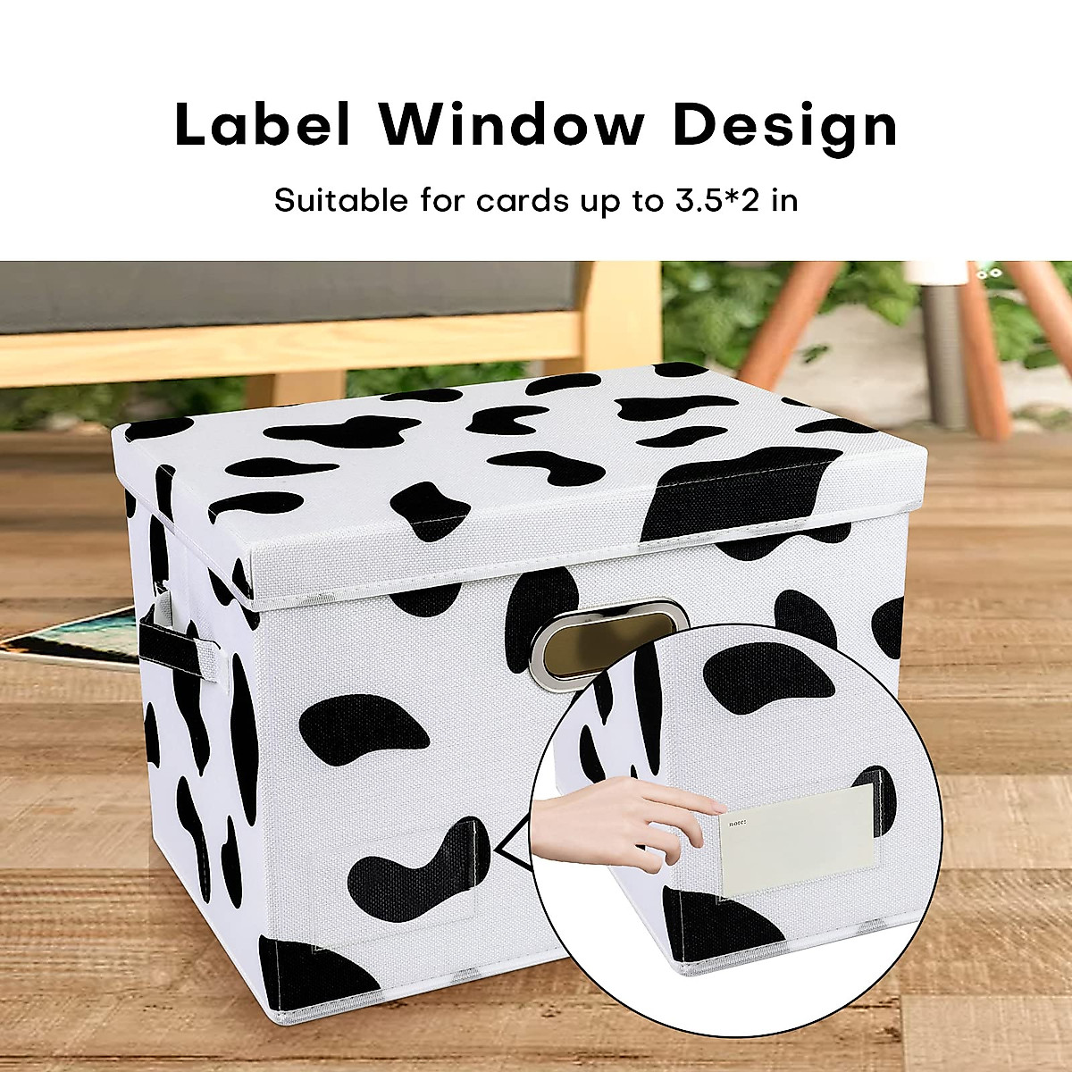 ANMINY 2PCS Large Storage Bins Cow Print Foldable Cotton Linen Lidded Box Basket Cubes Set with Removable Lids PP Plastic Board Handles Label Window Home Closet Shelf Clothes Toys Organizer Containers