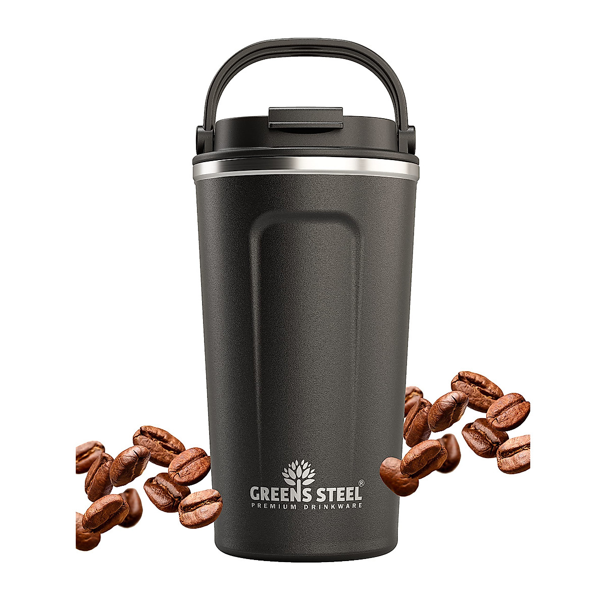 Reusable Coffee Cup with Lid and Handle - Stainless Steel Insulated Coffee Mug for Hot & Cold Drinks - Ideal Travel Mugs - 100% Leak-Proof Tumbler - 16 oz Black