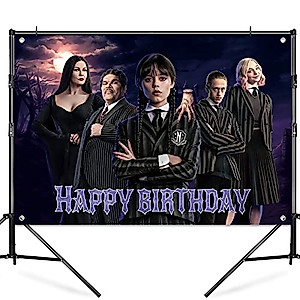 Wednesday New Addams Party Supplies, Happy Birthday Backdrop for Wednesday Party Decorations, 5 x 3FT Birthday Banner for Girls Boys Kids Birthday Party Decor