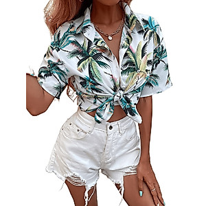 SweatyRocks Women's Short Sleeve Cute Print Button Down Shirt Tops Tropical White M