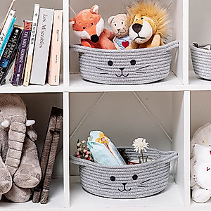 HiChen Small Woven Rope Storage Basket, Cute Cat Toy Basket for Living Room, Baby Basket for Nursery, Gift Basket Empty for Baby Shower, Grey, 9.8 x 4 inches