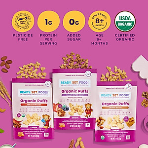 Ready Set Food Organic Puffs – Early Allergen Introduction Snack Puffs w/ 9 Top Allergens: Organic Peanuts, Cashew, Egg & More, No Added Sugar, Babies 8+ Months (Daniel Tiger Apple Cinnamon, 2 Pack)
