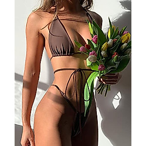 Women Halter String Bikini Set Sexy Thong Cheeky Two Piece Swimsuits Solid Color Bathing Swimwear
