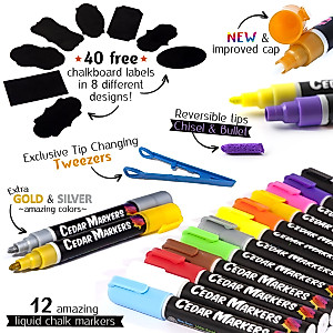 Cedar Markers Liquid Chalk Markers - 12 Pack With 40 Chalkboard Labels - Bold Neon Color Pens Including Gold And Silver Paint. Dry Erase Markers for Windows, Glass, Chalkboard with Reversible Tip.