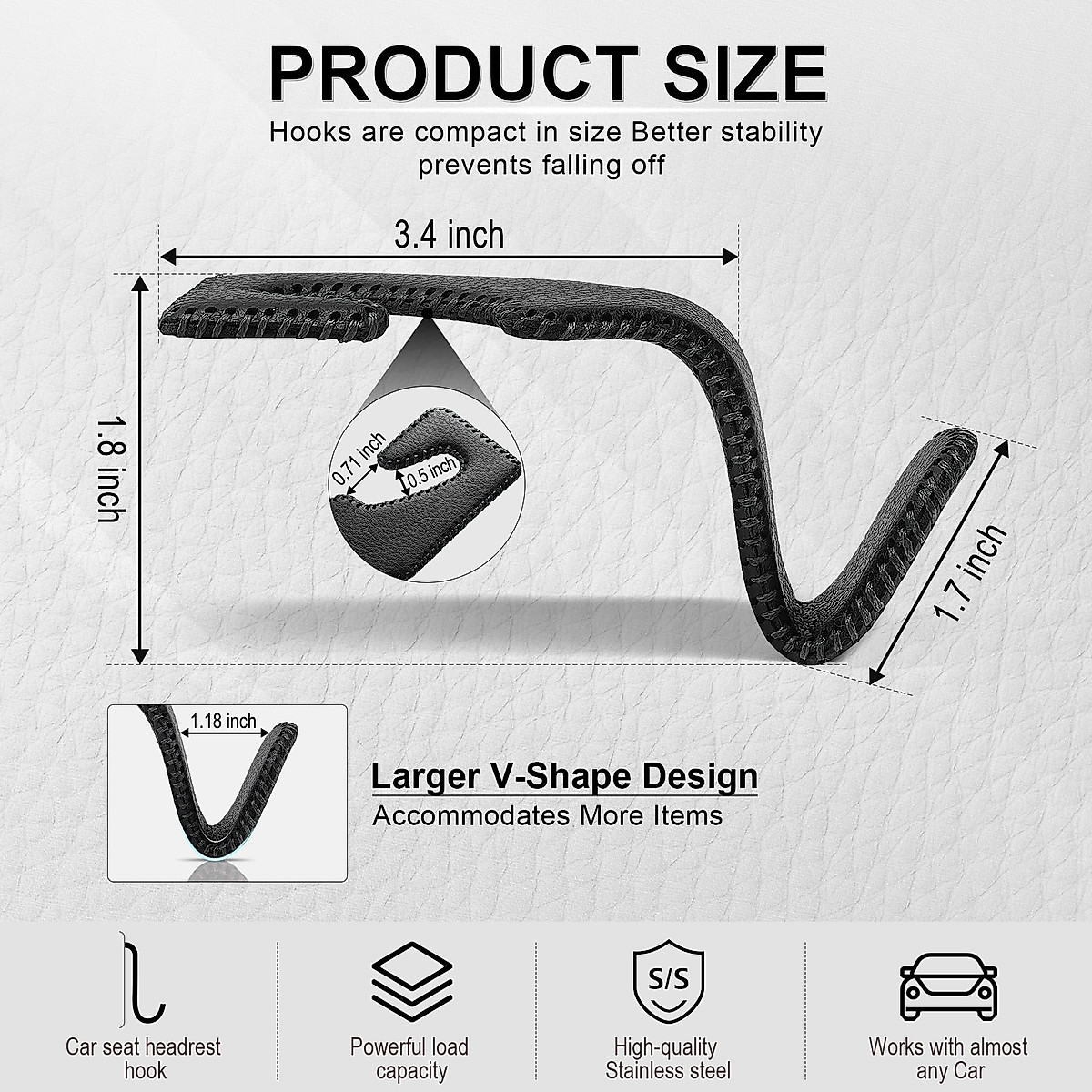 LivTee Black Superior Leather Car Seat Back Headrest Hook, Auto Seat Hook Hangers Interior Accessories for Purse Coats Umbrellas Grocery Bags Handbag, 2-Pack