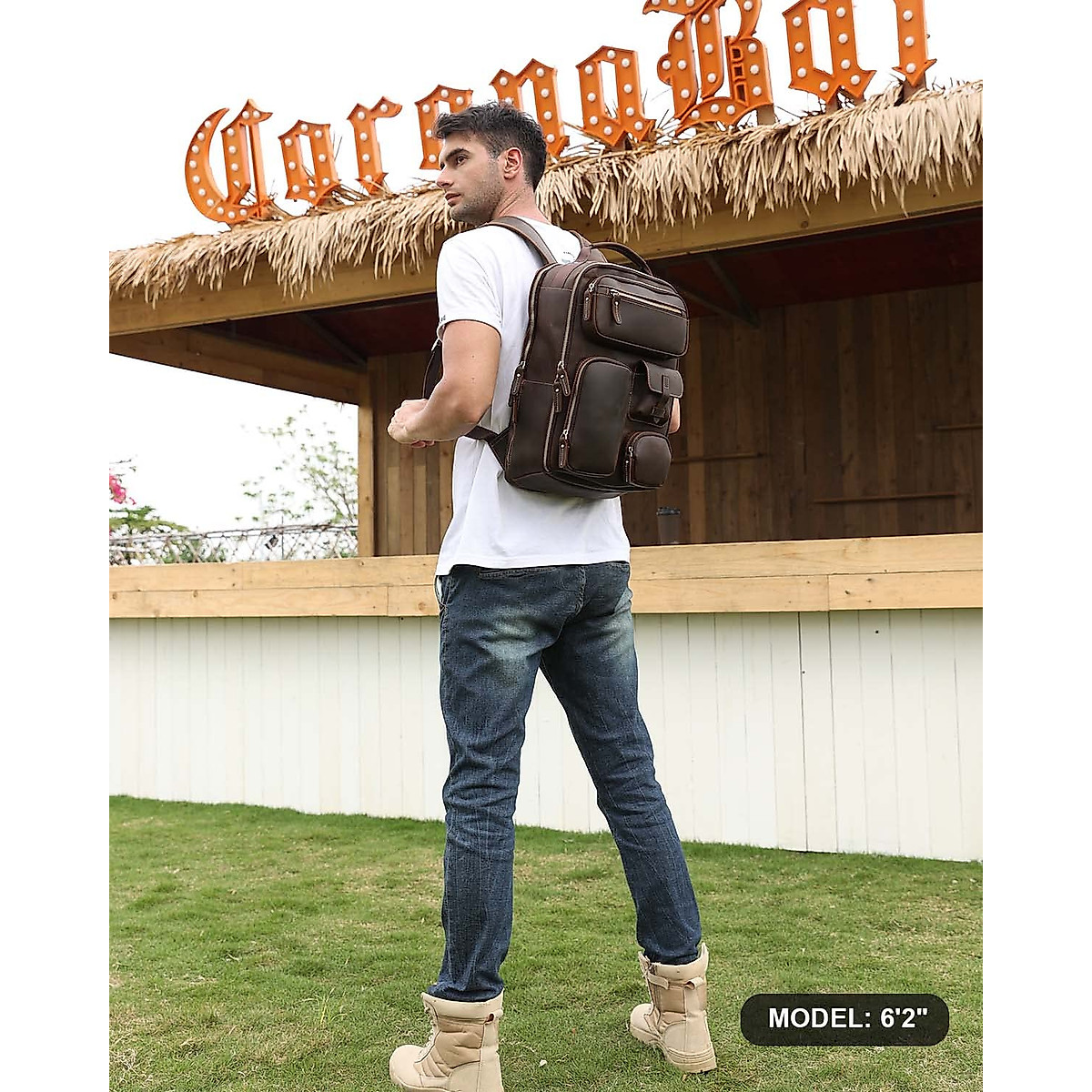 Taertii Full Grain Leather Backpack for Men, Fits 15.6" Laptop Multi Pockets Travel Bag Daypack Rucksack - Brown