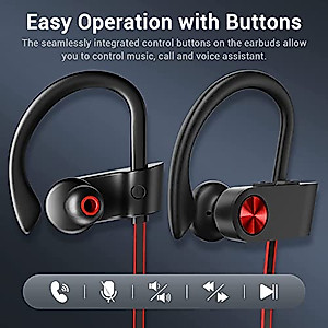 VRIFOZ Bluetooth Headphones, IPX7 Waterproof Wireless Sports Earbuds for Workout Gym, 12 Hrs Playtime Running Headphones with Noise Cancelling Mic, HiFi Bass Stereo in-Ear Earphones - RedBlack