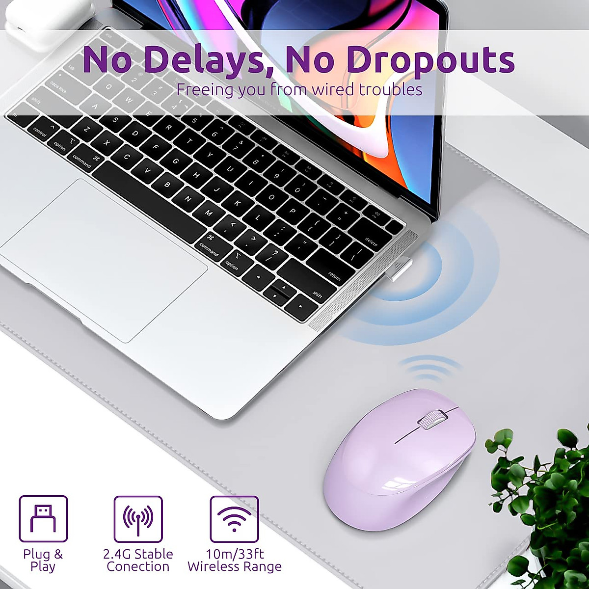 Trueque Wireless Mouse E702 2.4GHz Portable Computer Mouse with USB Receiver, Comfortable Silent Mice for Laptop, Chromebook, PC, Notebook, Desktop, Windows, Mac (Purple)