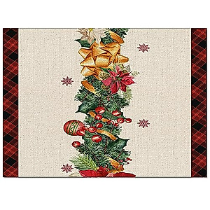 Area Rug 2.7x3 Ft Christmas Poinsettia Snowflakes Plaid Border Machine Washable Area Rugs Non Shedding Floor Carpet Rubber Backing Non-Slip Indoor Mats for Living Room Bedroom Kitchen