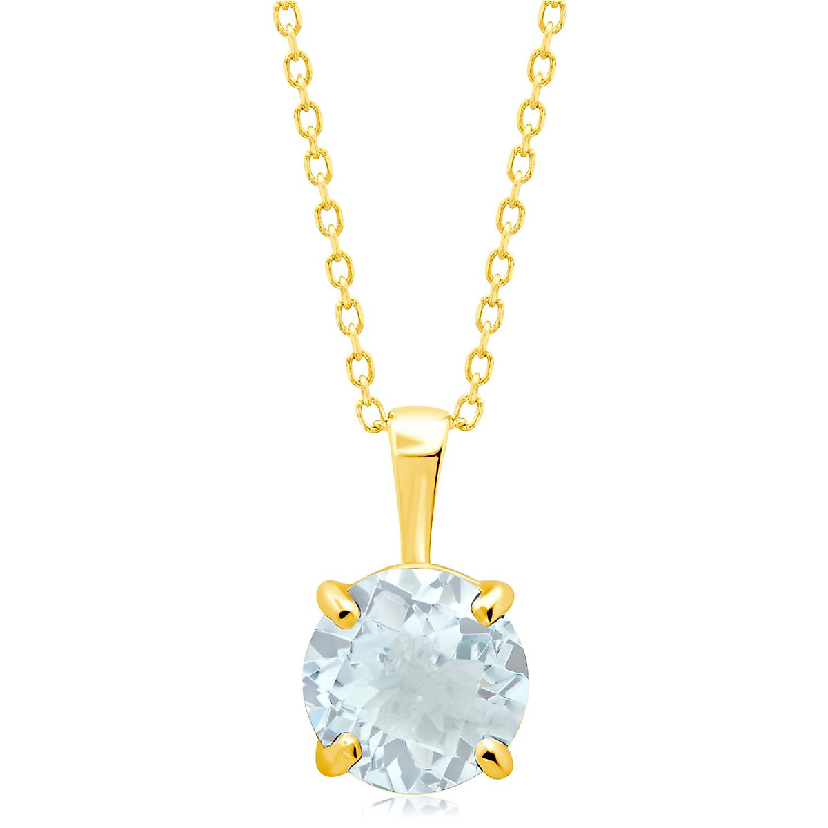 MAX + STONE 14k Yellow Gold Aquamarine Round Pendant Necklace for Women 8mm Solitaire March Birthstone with 18 Inch Cable Chain