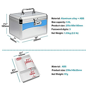 eoere 5.8L Combination Lock Medicine Cabinet w/Separate Removable Divider, First Aid Box w/Individual 3-Digit Lock, Child Proof Lockable Storage Box Aluminum Alloy, Size 10 x 7 x 7.3 Inches