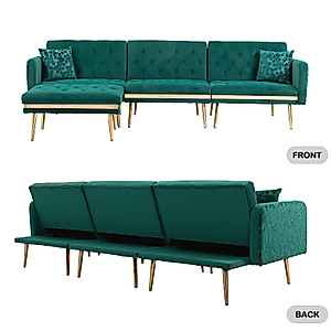 Pvillez Sectional Sofa Futon Sofa Bed Convertible Sleeper Sofa Couch w/Chaise Lounge,Ottoman L-Shape Convertible Couches for Living Room Button Tufted Back Velvet Couch w/Golden Legs