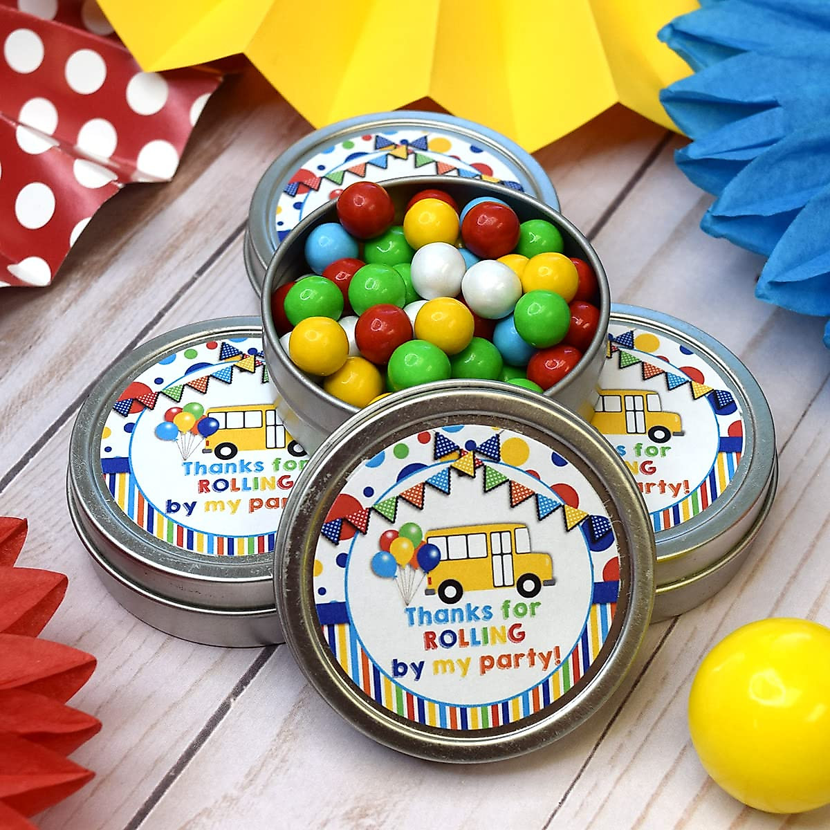 Wheels On The Bus Thank You Sticker Labels, 40 2" Party Circle Stickers by AmandaCreation, Great for Party Favors, Envelope Seals & Goodie Bags