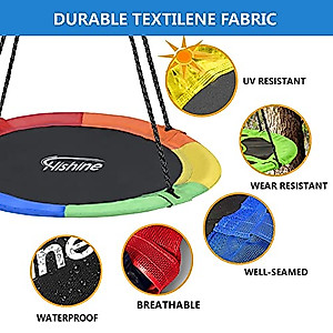 Hishine 43" Saucer Tree Swing for Kids, 360° Rotate Waterproof Flying Saucer Swing with Swivel, Hanging Straps, Adjustable Ropes, Round Mat Spinner Swing for Tree/Swing Set (Rainbow)