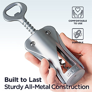 Deiss LUX Wine Opener, All-Metal Wing Corkscrew Wine Bottle Opener with Built-in Beer Bottle Opener - Ergonomic Cork Screw Wine Corker, Silver Matte Coating, Velvet Storage Pouch (SILVER)