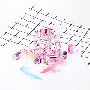 JIUWU 10ml/0.34oz Refillable Glass Roller Bottles, Pink Glass Roll on Bottles Empty Essential Oil Perfume Glass Sample Vials, with Funnel Dropper Opener, Pack of 12