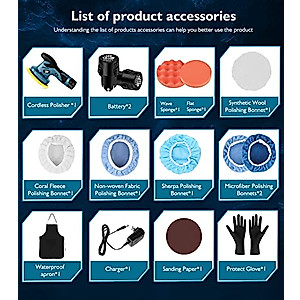 TDT Cordless Car Buffer Polisher with Rechargeable 2pcs 12V Lithium Battery, 6 Variable Speed, Wireless Buffer Polisher Kit for Car Detailing Brushless Polisher with 2 Battery for Waxing