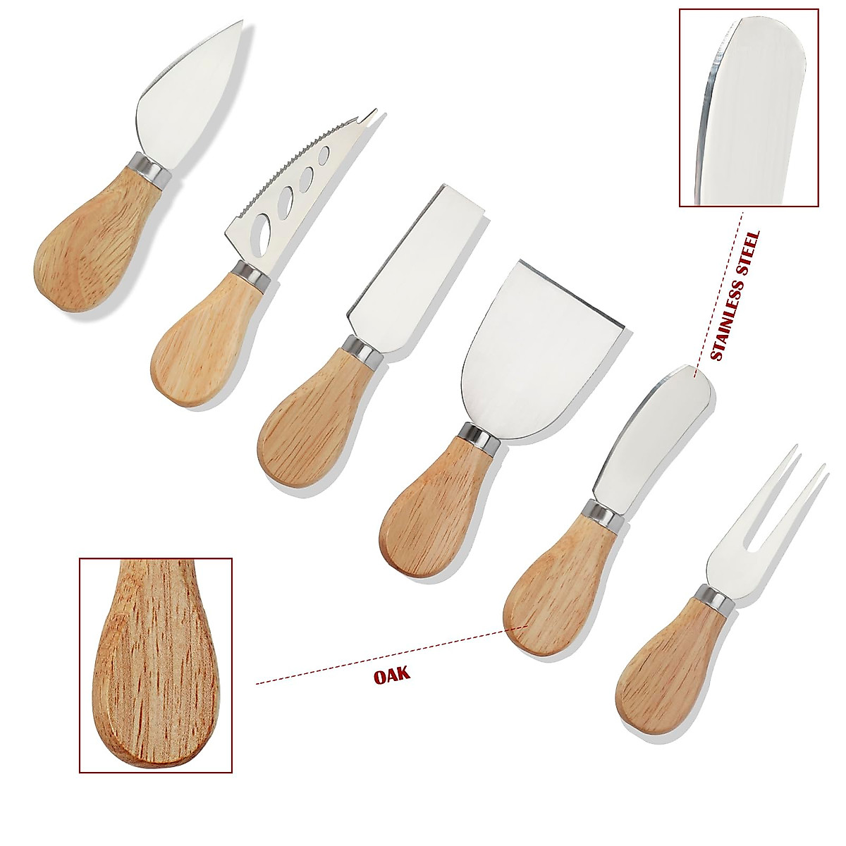 6 Pcs Cheese Knives Set, Cheese Knives with Cheese Slicer Cheese Cutter Cheese Fork, Stainless Steel Cheese Spreading Knife for Charcuterie Boards and Cutlery Gift Set(Oak Handle)
