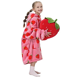 Aemicion Strawberry Blanket Hoodie Gifts for Kids,Oversize Sherpa Wearable Blanket,Cozy Sweatshirt Blanket for Girls