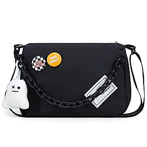 DOB SECHS Crossbody Purse Bag for Teen Girls Women Small Shoulder Hobo Bag Messenger Bag with Kawaii Pins and Pendent (Black - L)