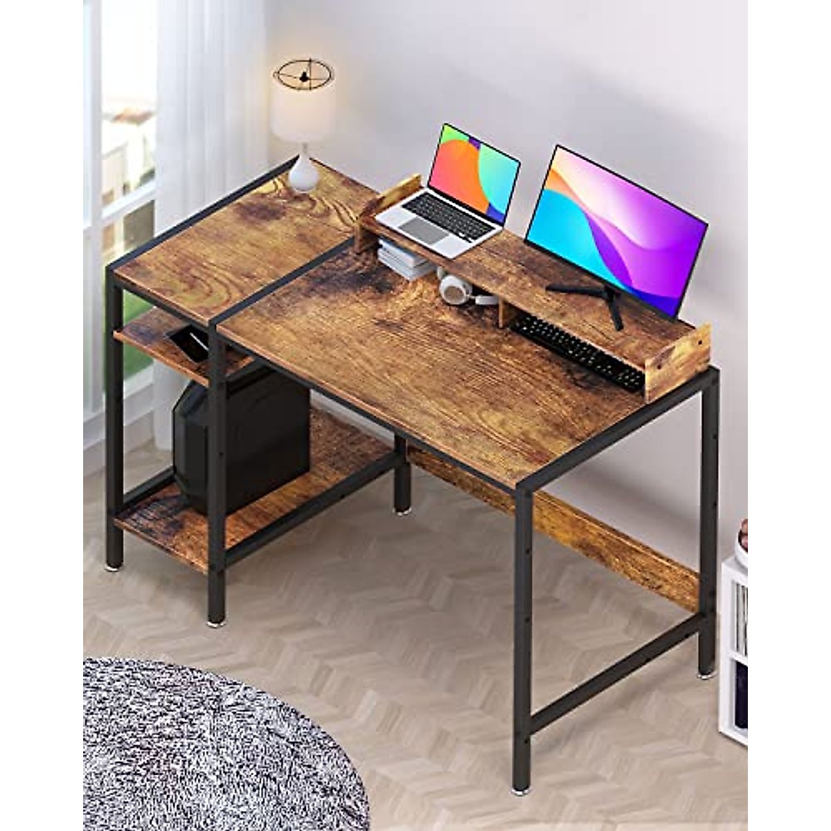 MINOSYS Computer Desk - 39” Gaming Desk, Home Office Desk with Storage, Small Desk with Monitor Stand, Rustic Writing Desk for 2 Monitors, Adjustable Storage Space, Modern Design Corner Table.