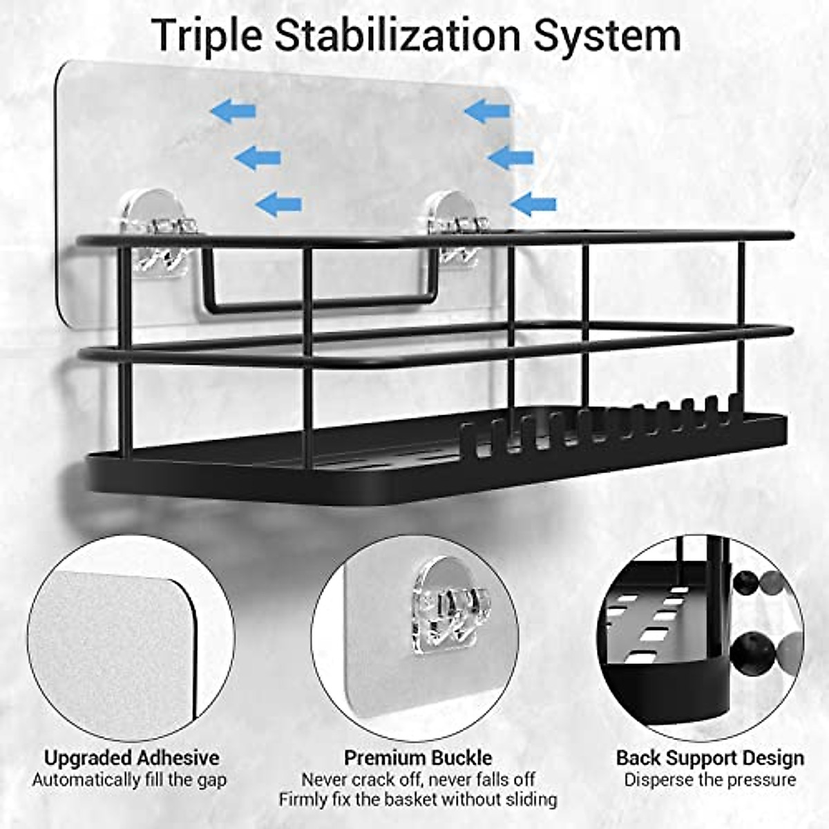 2 Packs Adhesive Shower Caddy with Hooks - No Drilling Rustproof Traceless Stainless Steel Wall Mounted Shower Storage Organizer Shelf Rack Holder for Bathroom Toilet Restroom Kitchen - Matte Black