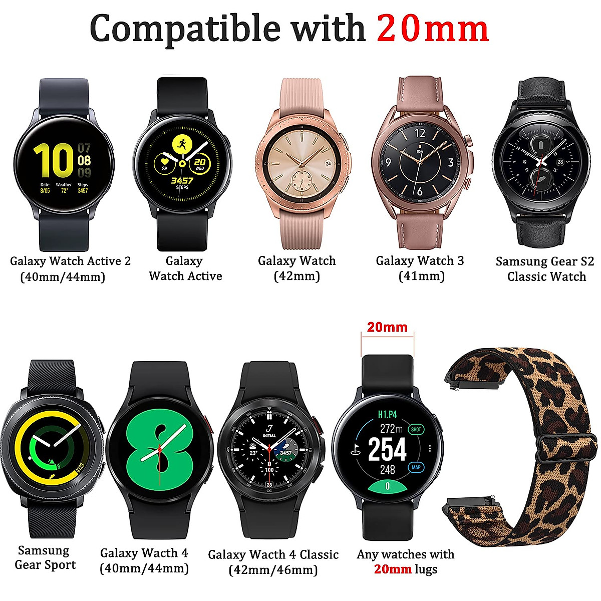 Wanme Elastic Bands for Samsung Galaxy Watch 4 40mm 44mm, Galaxy Watch 4 Classic 42mm 46mm, Galaxy Active 2 Band, 20mm Adjustable Soft Stretch Wristband for Galaxy Watch 4/Active 2 (Leopard)