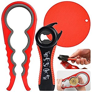Jar Opener for Seniors - 3Packs Jar Opener for Weak Hands, Jar Opener Set with 5 in 1 Bottle Opener, 4 in 1 Jar Opener and Non Slip Jar Opener Gripper Pads