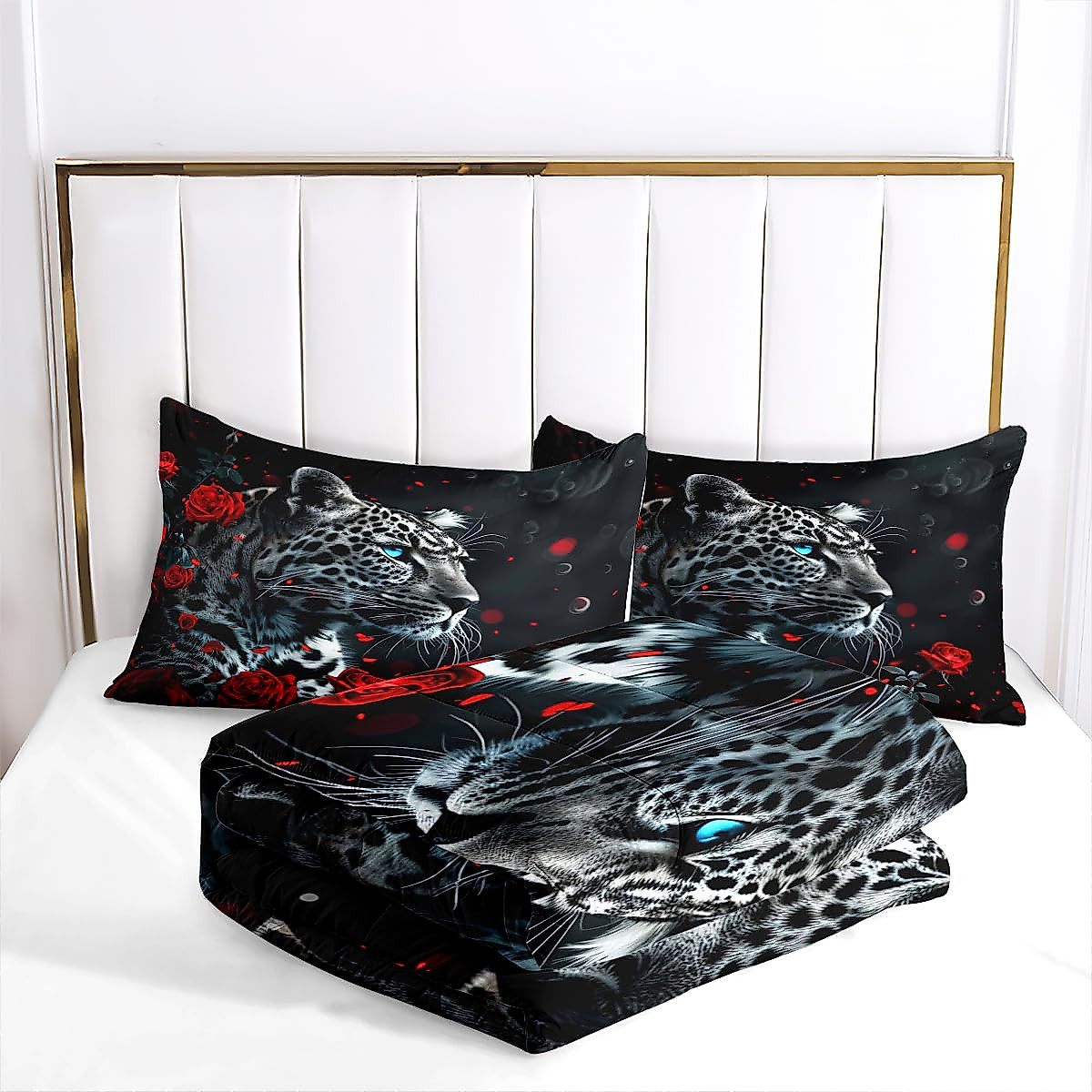 Jolusere Animal Print Bedding Queen Black Cheetah Comforter Set Red Rose Bedding Set for Boys Kids Teens Safari Leopard Quilt Insert Soft Lightweight Breathable Down Comforter with 2 Pillowcases