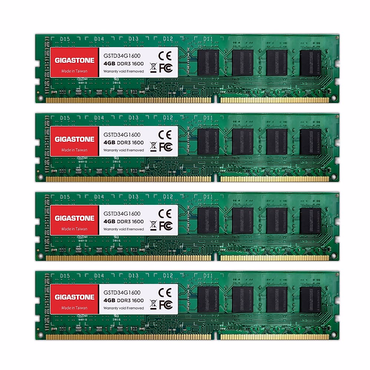 【DDR3 RAM】 GIGASTONE 16GB Kit (4x4GB) DDR3/DDR3L 1600MHz (1333MHz) PC3-12800 (PC3-10600) CL11 1.35V/1.5V 2Rx8 UDIMM 240 Pin Unbuffered Non ECC High Performance PC Desktop Memory Upgrade