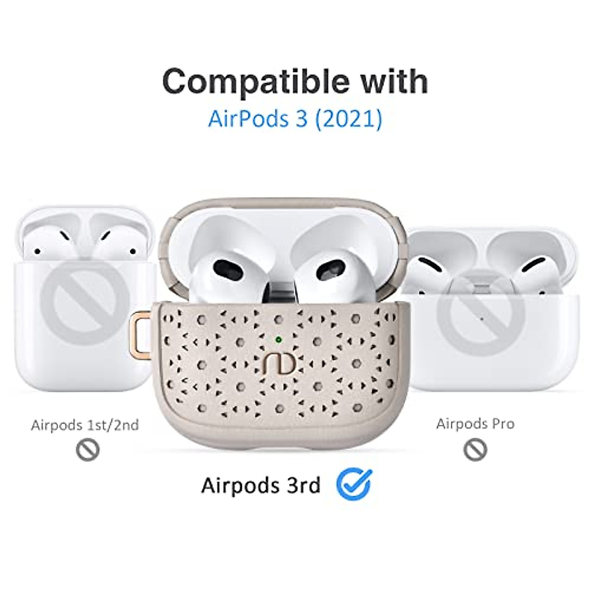 Nereides Compatible with AirPods 3 Case(2021), Protective Leather Cover with Keychain, High-end Fashion Design Skin with Hollow Out Pattern for Women, Supports Wireless Charging