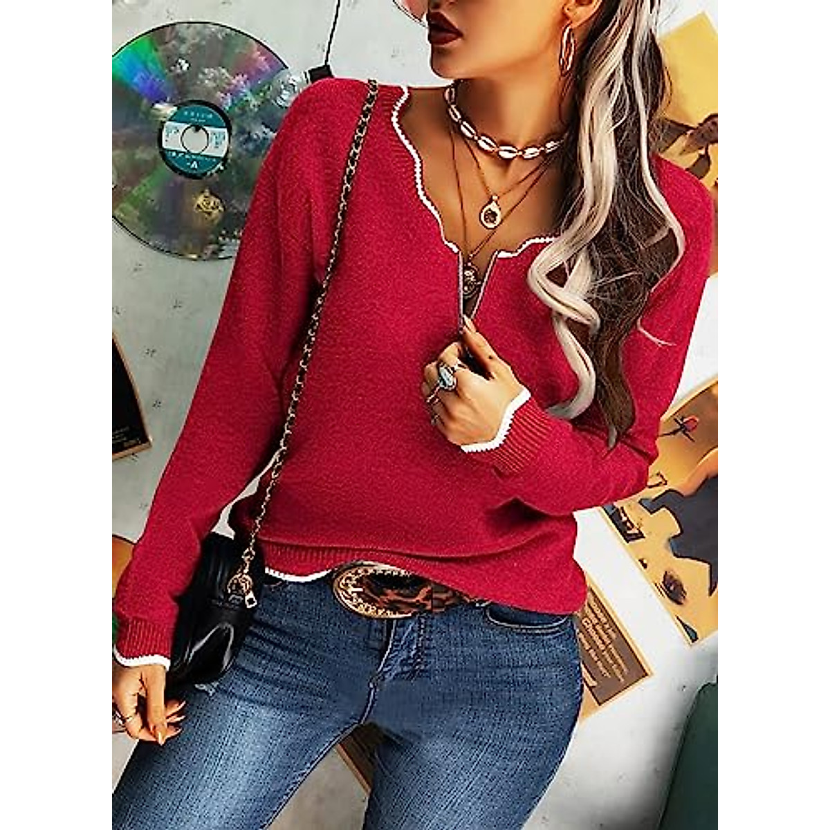 Hongqizo Women's V Neck Long Sleeve Sweater Half Zipper Knit Sweater Casual Cricket Stripe Jumper Pullover Red