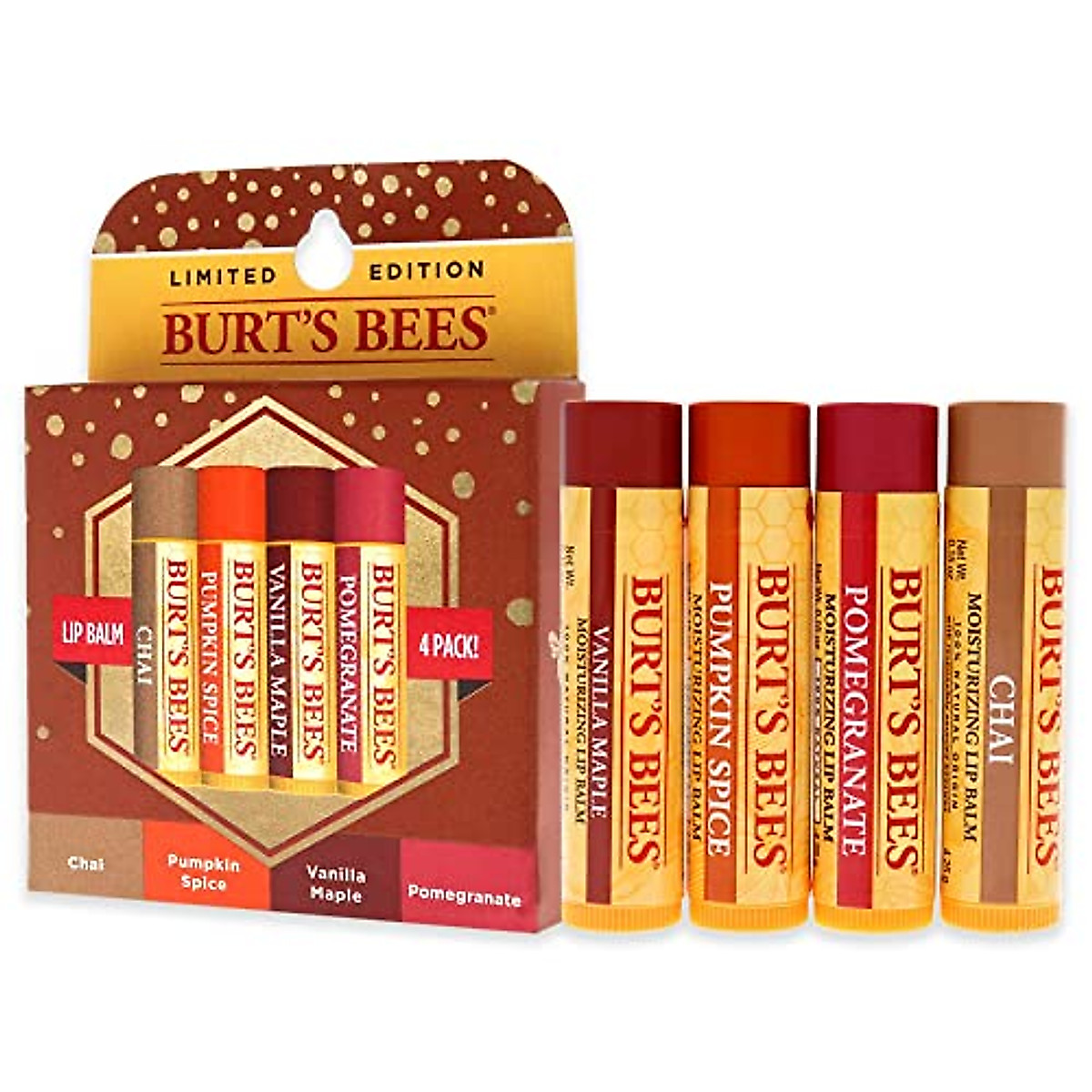 Burts Bees 100% Natural Moisturizing Lip Balm, Winter Variety Pack, Chai Tea, Pumpkin Spice, Vanilla Maple, Pomegranate, 4 Tubes of Lip Balm, 0.15 Ounce (Pack of 4)