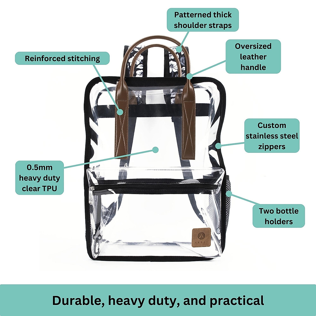 Thick Clear Backpack with Leather Carrying Handle, Transparent School Book Bag, See Through Bags for for Adults, TPU Bookbags