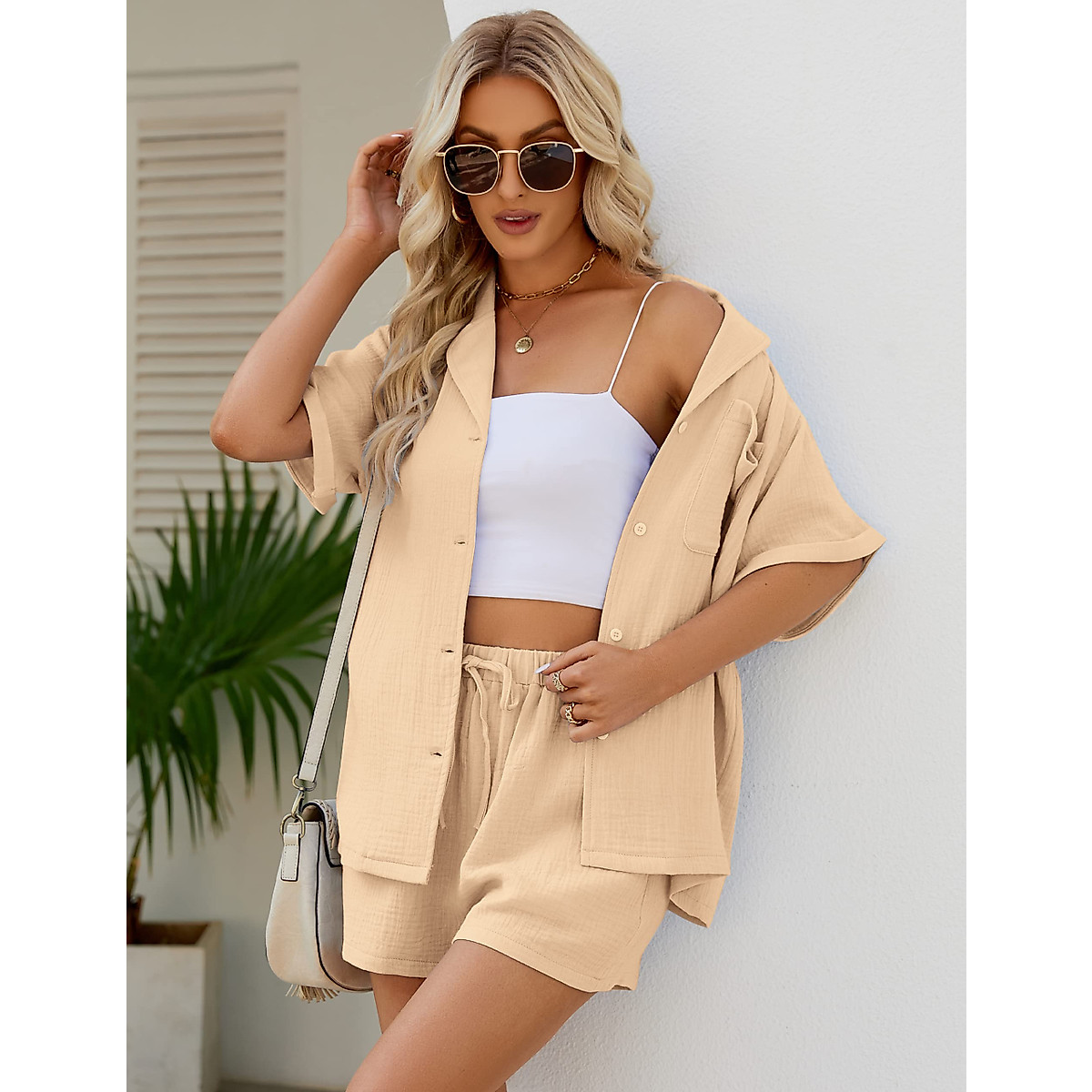 Flygo Women's 2 Piece Shirts Sets Short Sleeve Summer Casual Linen Shirt Elastic Waist Short Sets Outfits(Ginger-XL)