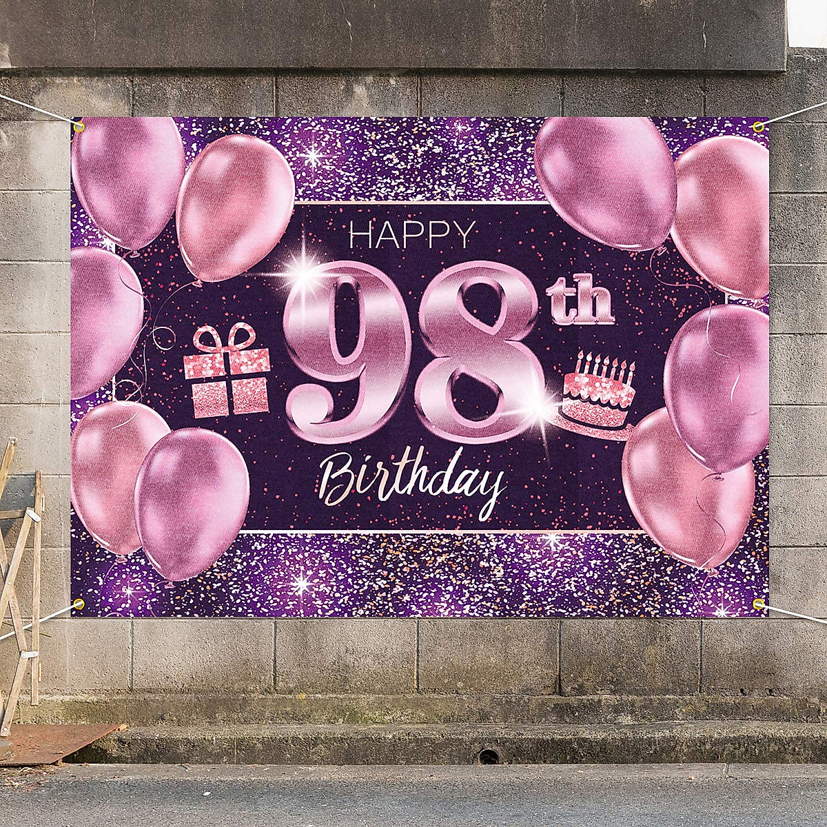 PAKBOOM Happy 98th Birthday Banner Backdrop - 98 Birthday Party Decorations Supplies for Women - Pink Purple Gold 4 x 6ft