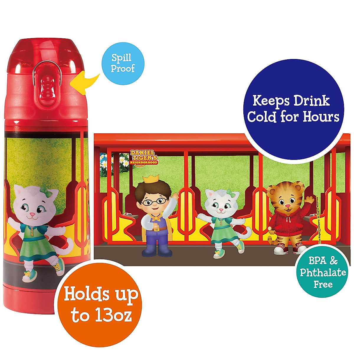 Daniel Tiger 13 oz Insulated Water Bottle with Latching Lid - Easy to Use for Kids - Reusable Spill Proof & BPA-Free, Keeps Drinks Cold for Hours, Fits in Lunch Boxes & Bags, Fun XMAS Gift for School