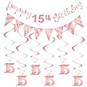 BRT Bearingshui 15th Birthday Decoration Kit for Girls, Happy 15th Birthday Banner Bunting Swirls Streamers, Triangle Flag Banner for Birthday Party Decorations Supplies Rose Gold 15th