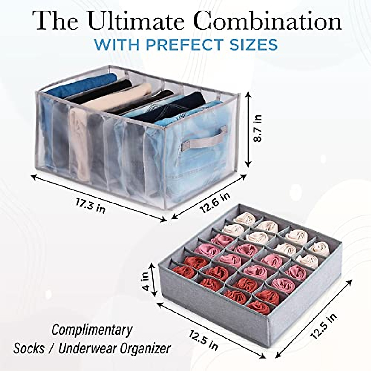 2 Pack Wardrobe Clothes Organizer , Jeans for Closet comes with 24 cell Sock Underwear Dividers Mesh Drawer Large 7 Grids Foldable Compartment Storage Box, gray