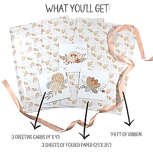Brave November Gift Wrapping Paper- 3 Wrapping Paper Sheets (25"x35"), 3 Cards & Ribbon-Floral Wrapping Paper Wedding Wrapping Paper and Ribbon Set- Bridal Shower Wrapping Paper & Baby Wrapping Paper
