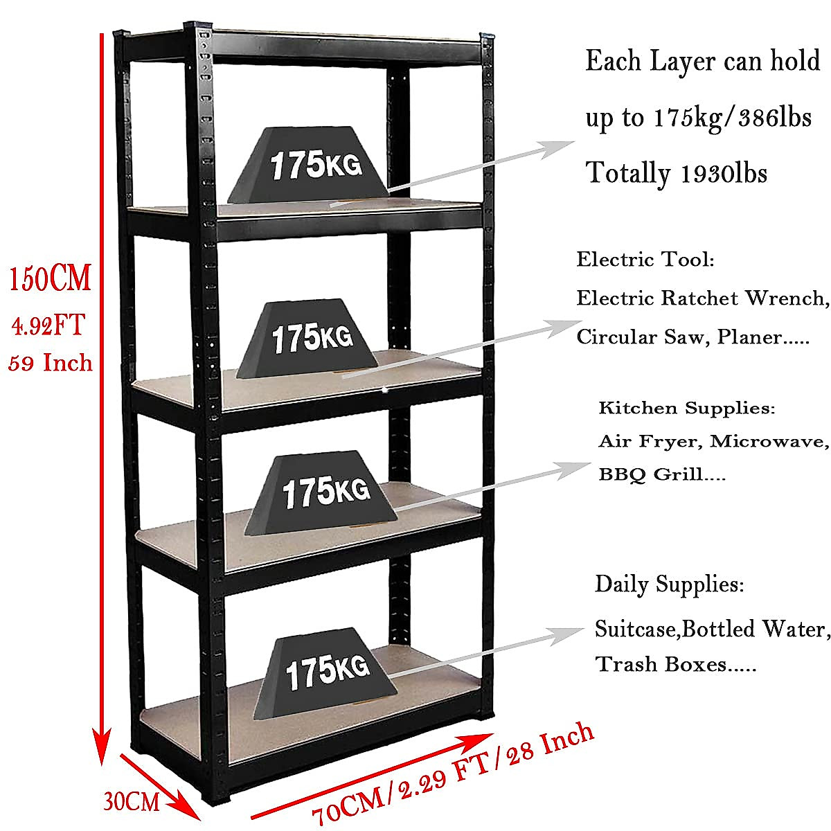 5 Shelf Adjustable Storage Shelving Unit, 59 Inch Tall Heavy Duty Garage Shelf with Boltless System, Metal Multi-Use Storage Shelving for Industrial Workshop / Garage, 1930LBS Total Capacity