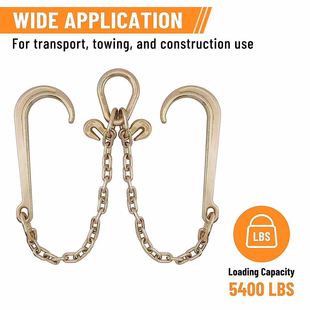 SPARKWHIZ G70 J Hook Tow Chain V Bridle with 15" J Hooks, 5/16'' Grab Hooks, 2ft Legs, Flatbed Truck Safety Chains 5,400 lbs